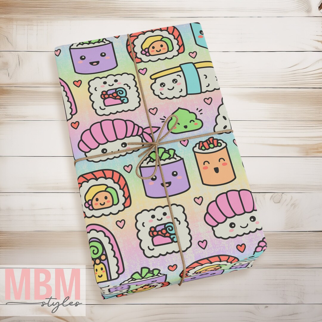 Kawaii Sushi Pastel Wrapping Paper, Birthday Party Gift Wrap, Cute ...