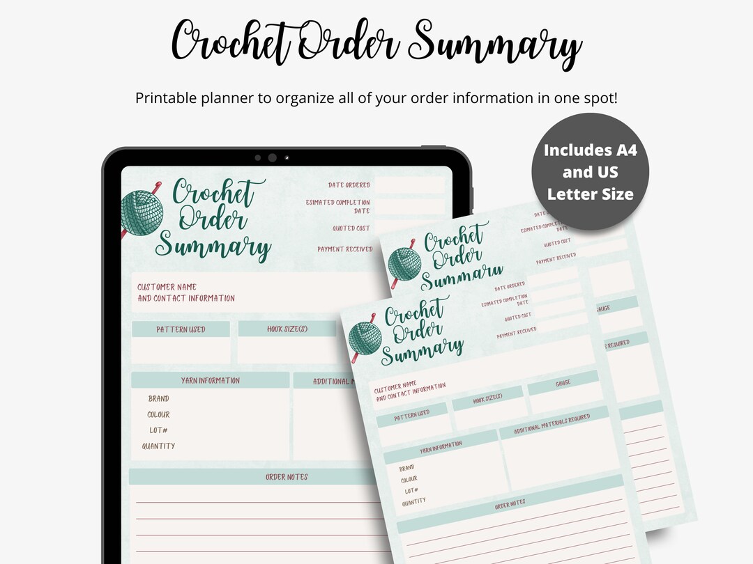 Crochet Order Summary Form Planner Page | Instant Download Printable ...