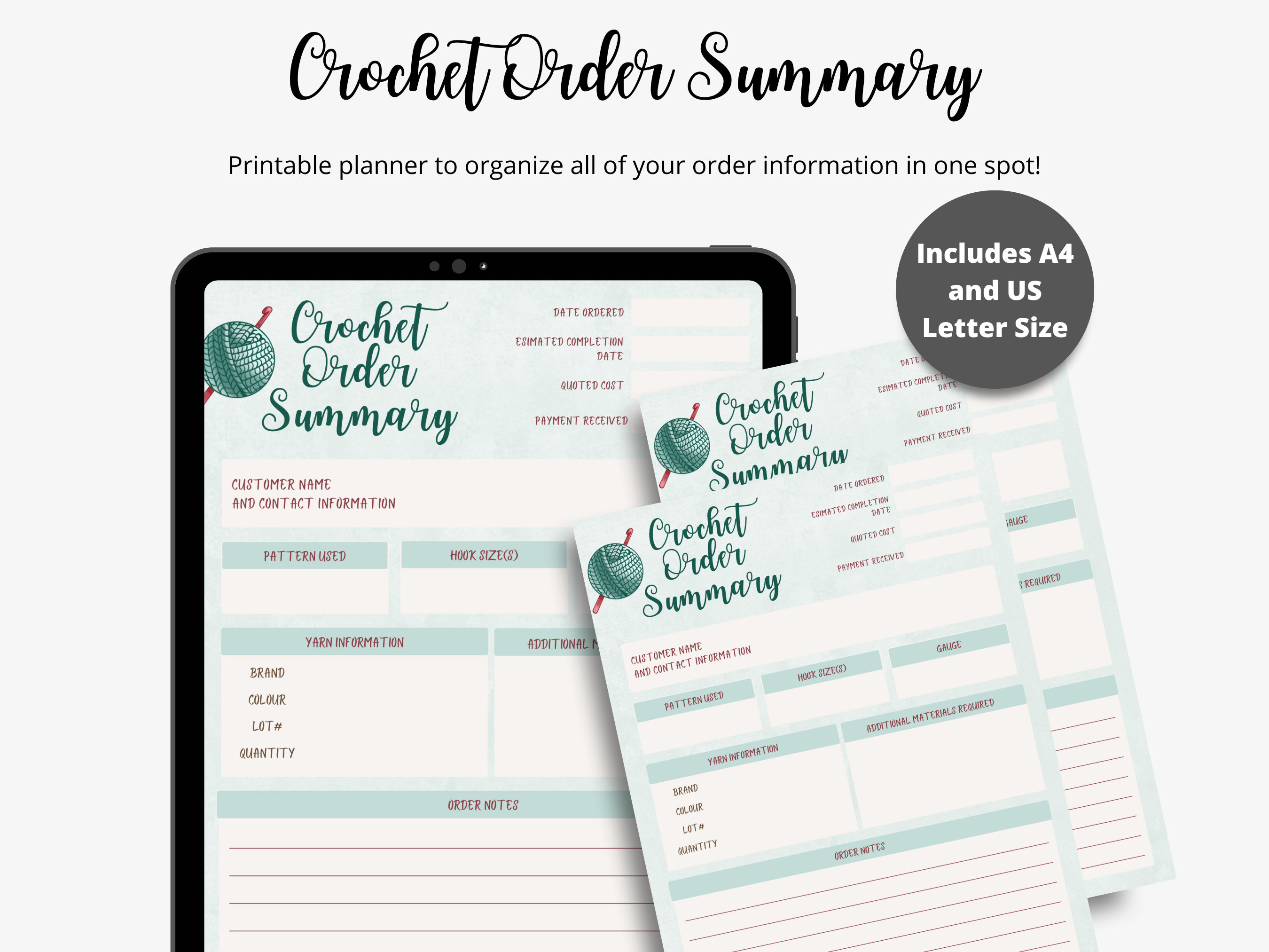 Crochet Order Summary Form Planner Page | Instant Download Printable ...