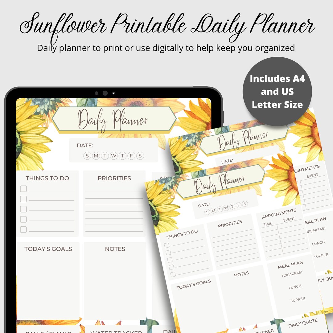 Sunflower Daily Planner Page | Instant Download Printable PDF | Digital ...