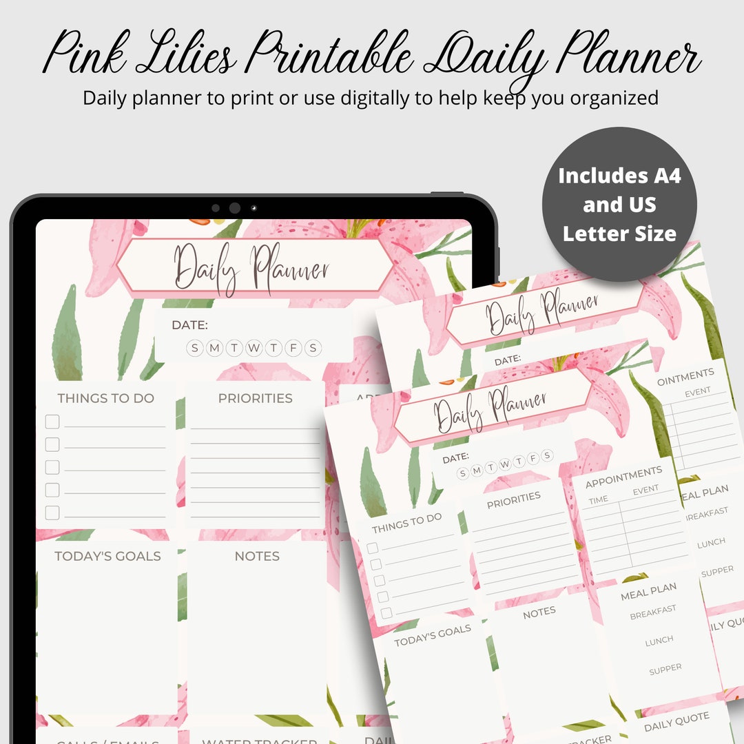 Pink Lilies Daily Planner Page | Instant Download Printable PDF ...