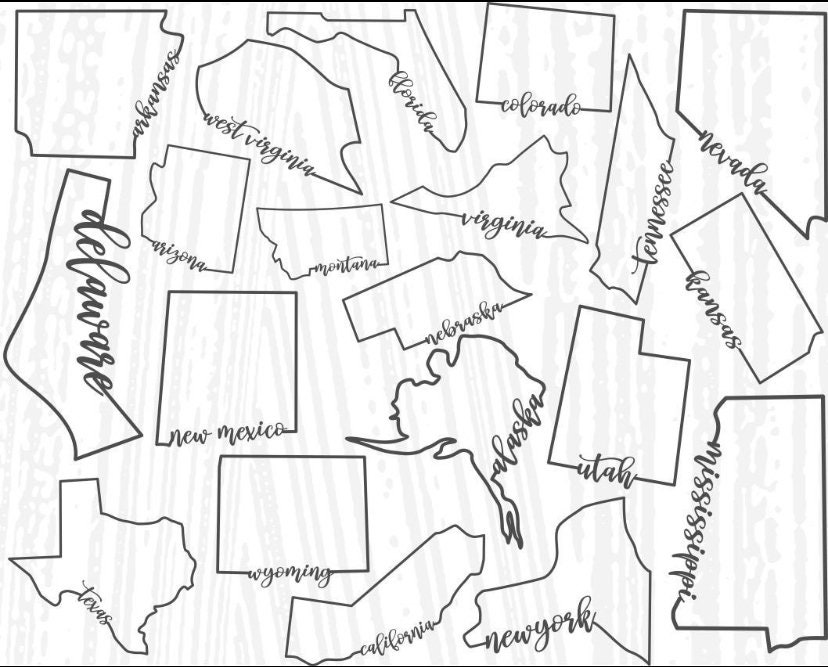 50 States Outline, 50 States Cursive Outline, United States of America ...