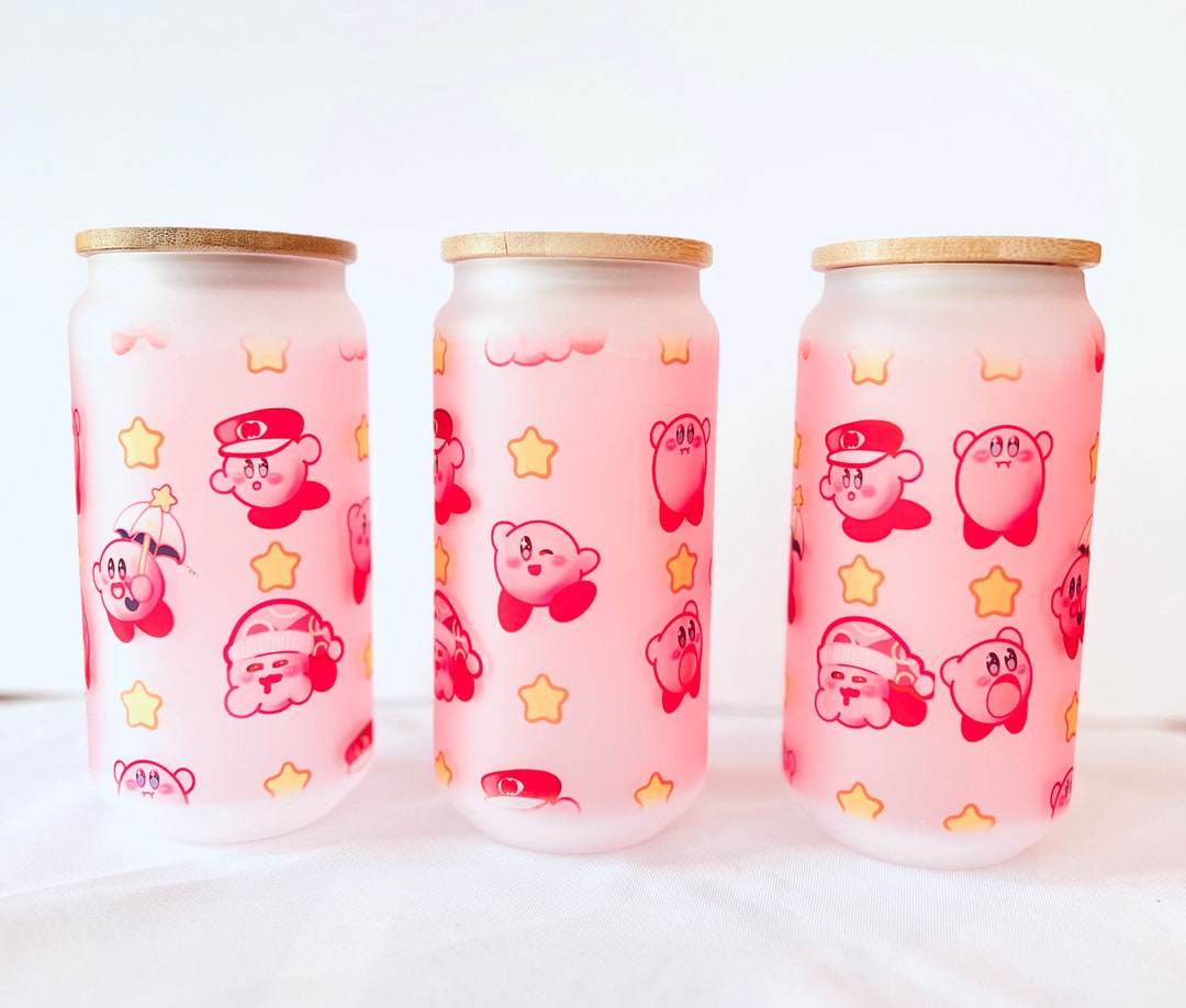 16oz Glass Tumbler/pink/cute Cup/glass Cup/kirby Cup/kawaii Tumbler ...
