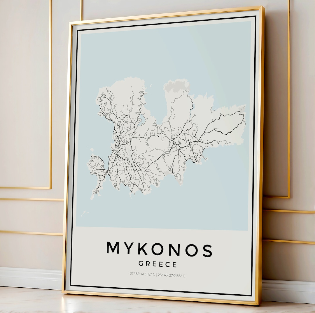 Mykonos Map, Mykonos Island, Mykonos Map Print, Mykonos Print, Mykonos ...