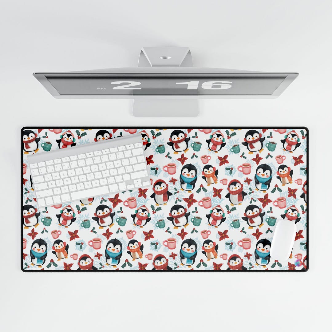 Christmas Desk Mat, Cozy Penguins Holiday Office Decor, Cute Winter ...
