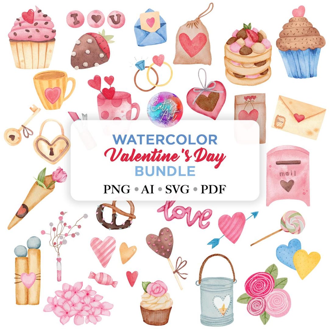 Valentine's Day SVG and PNG Clipart Bundle, Watercolor, Digital ...