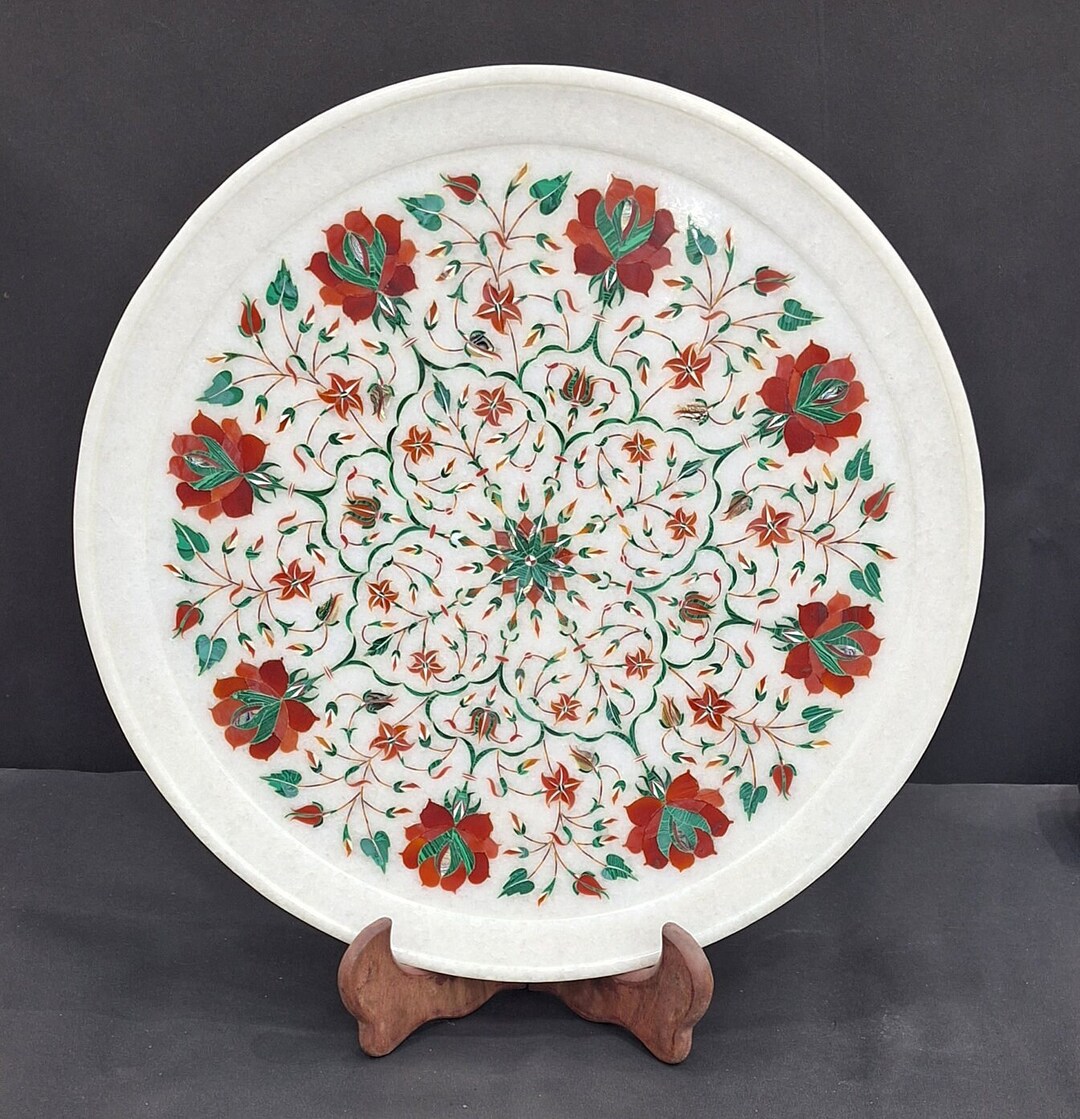 16" Gorgeous White Marble Plate / Marble Inlaid With Carnelian / Home ...