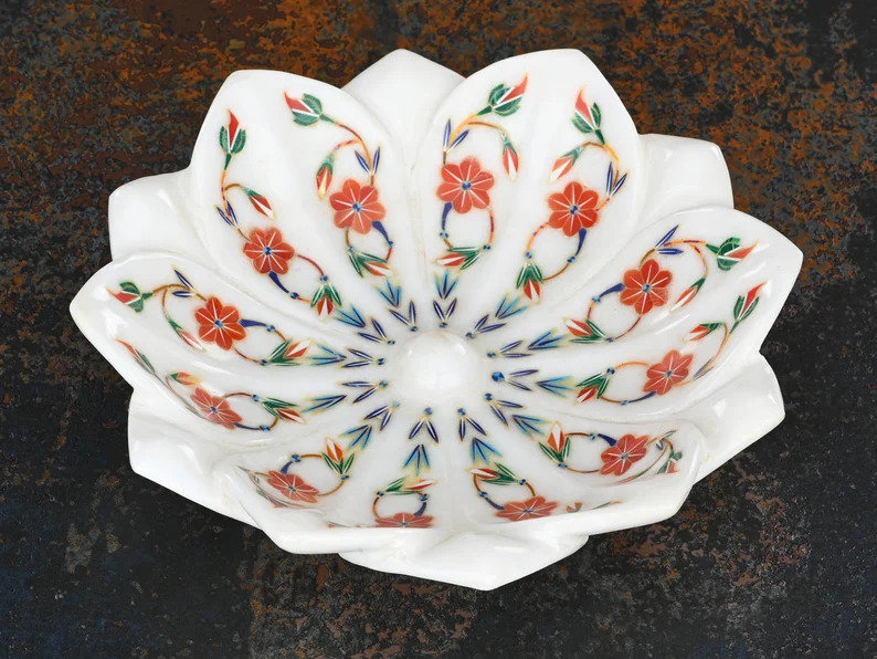 8 Inches Marble Stone Inlay Petal, Fruit Bowl, Flower Floater Bowl ...