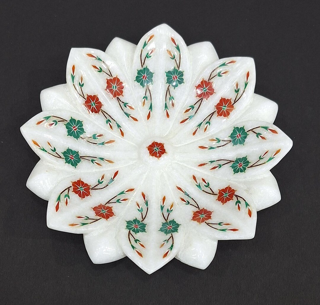 Marble Stone Inlay Petal, Fruit Bowl, Lotus Bowl, Hand Carved Bowl ...