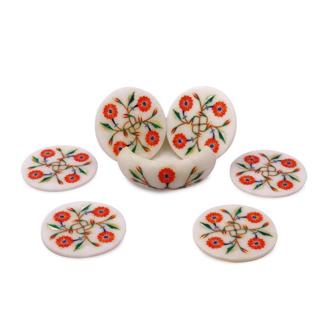 White Marble Inlay Coasters Set With Holder New Home Gifts - Etsy