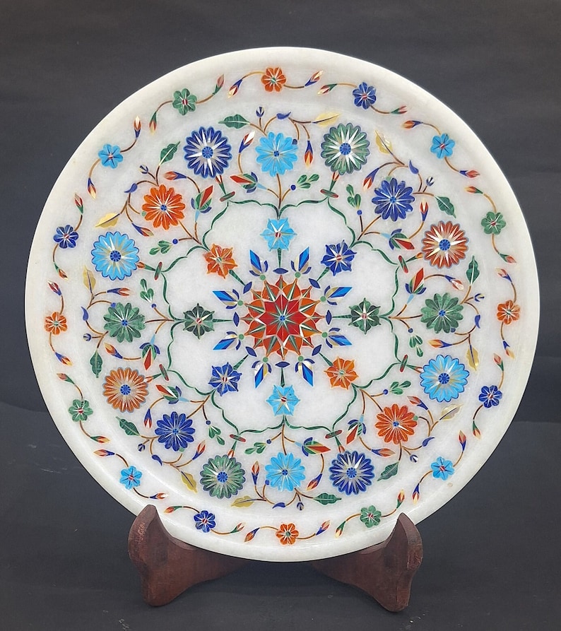Gorgeous White Marble Plate / Marble Inlaid With Semi Precious Stones ...