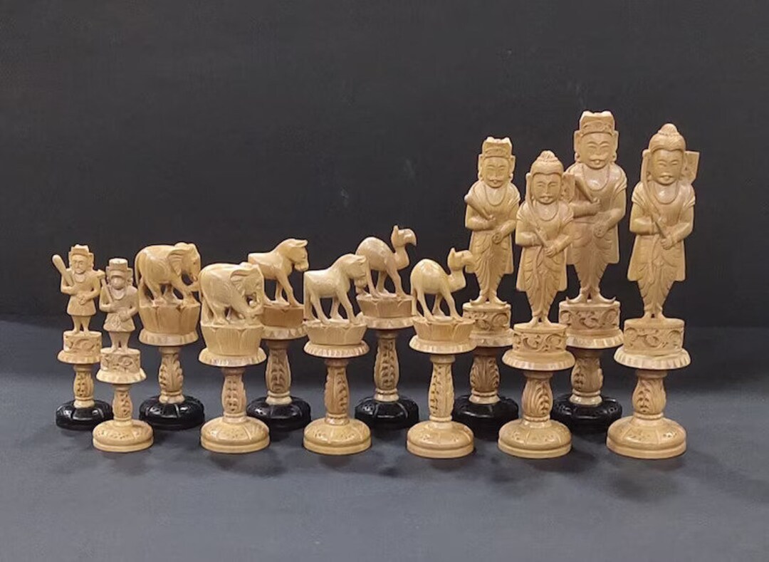 Aged Sandalwood Hand Carved Chess Pieces, Sandalwood Chess, Ramayana ...