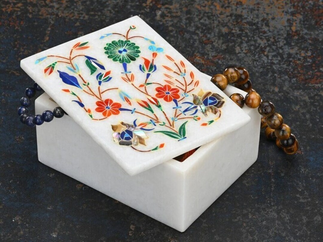 Decorative White Marble Box Inlaid With Flowers, Oval Jewelry Box With ...