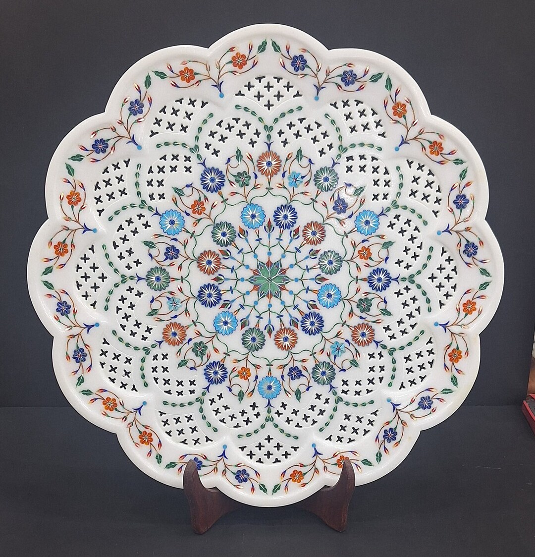 Marble Inlay Lattice Art Plate, Marble Inlay End Table Top, Pietra Dura ...