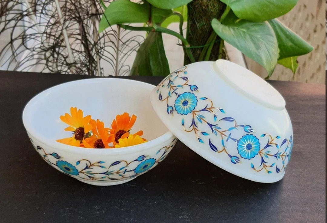 Marble Stone Inlay Petal, Fruit Bowl, Lotus Bowl, Hand Carved Bowl ...