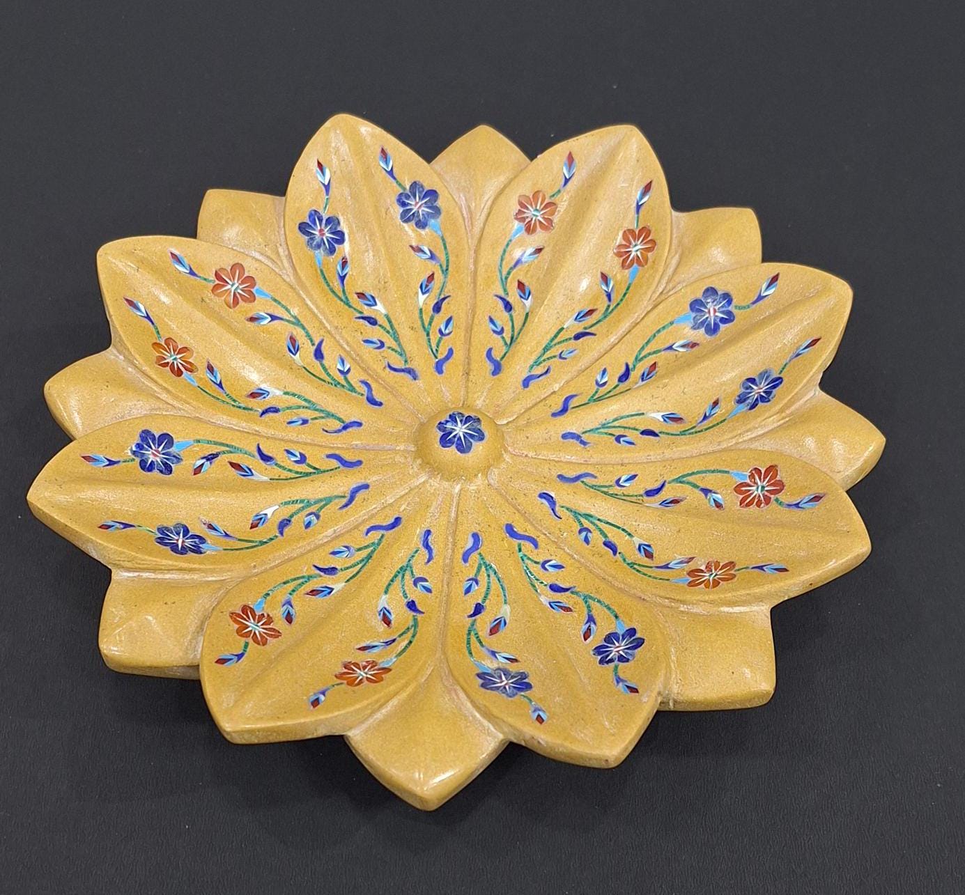 9 Inches Jasper Stone Inlay Petal, Fruit Bowl, Flower Floater Bowl ...