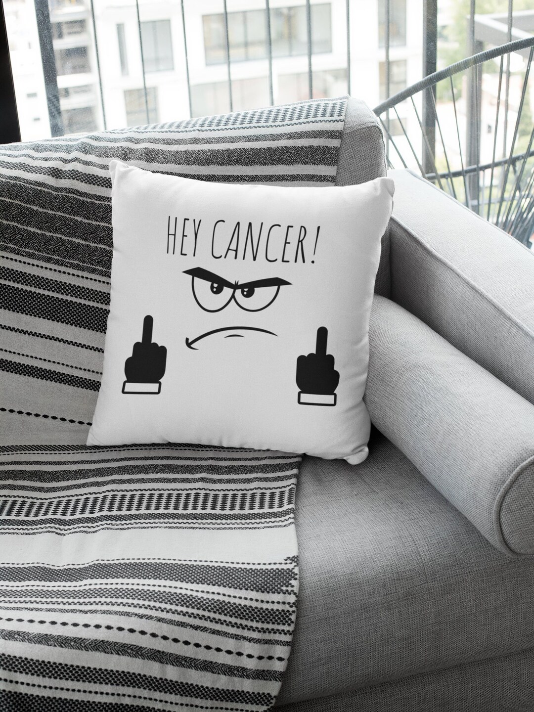 Hey Cancer Middle Finger Pillow, Cancer Survivor Home Decor, Fuck ...