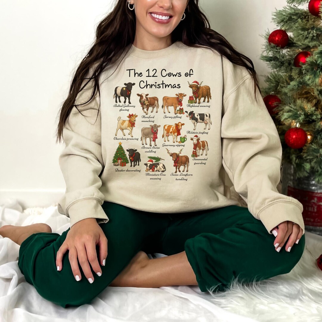 The 12 Cows of Christmas Sweatshirt, Festive Farm Cow Lover Holiday ...