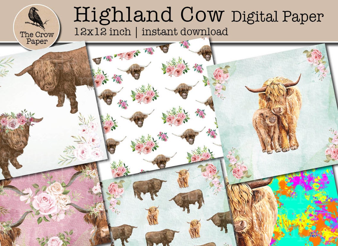 Highland Cow Digital Paper Digital Paper Scottish Highland Cow Floral ...