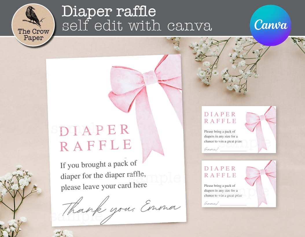 Pink Bow Baby Shower Diaper Raffle Baby Shower Sign and Cards Editable ...