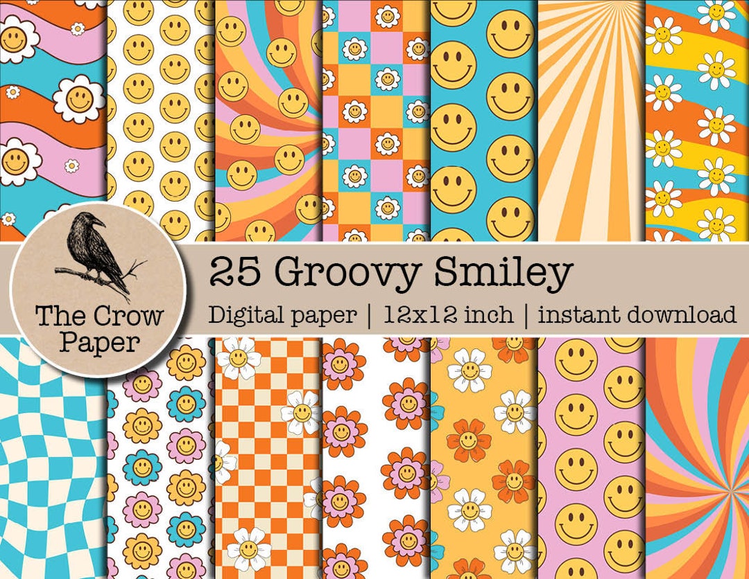 25 Groovy Smiley RETRO Digital Paper No 2 | Scrapbook | Groovy ...
