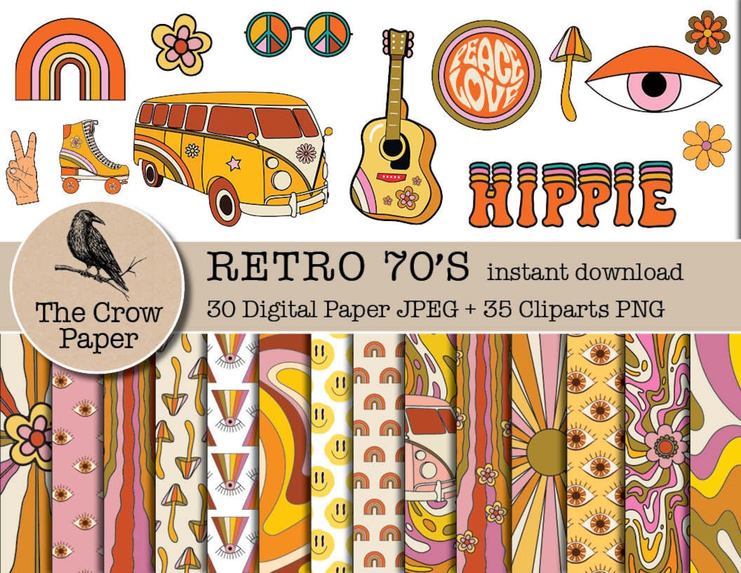 BUNDLE RETRO 70S Digital Paper AND Cliparts | Groovy Backgrounds ...