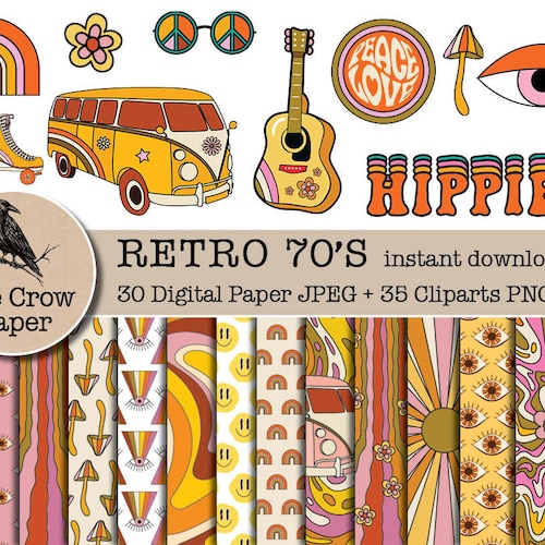 BUNDLE RETRO 70S Digital Paper AND Cliparts Groovy - Etsy