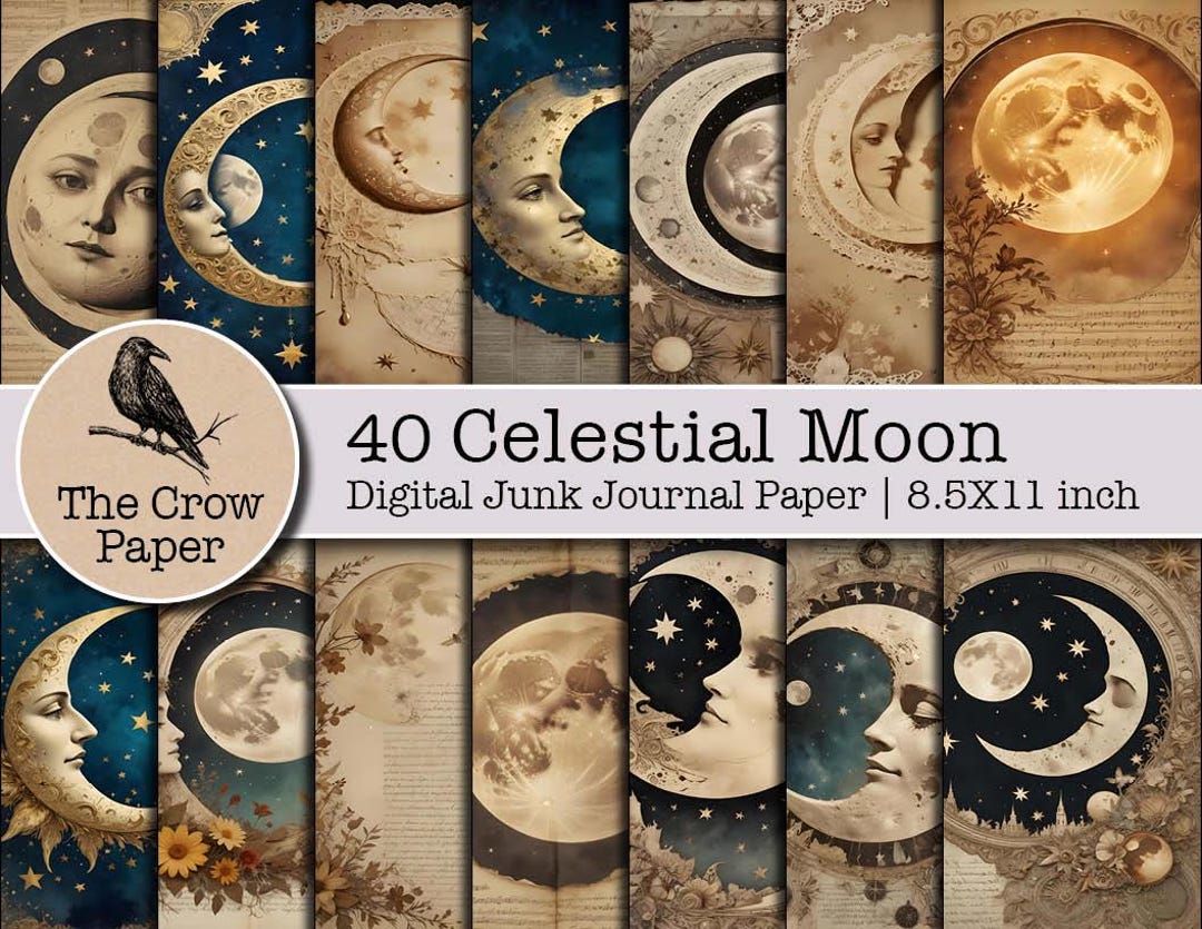 40 Digital Files | Gothic Celestial Moon Junk Journal Paper Gothic ...