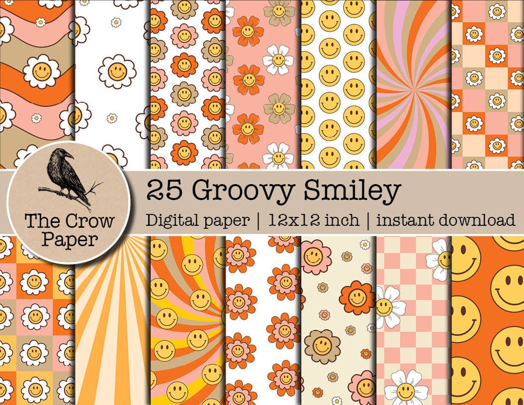 25 Groovy Smiley RETRO Digital Paper | Papers Scrapbook | Groovy ...