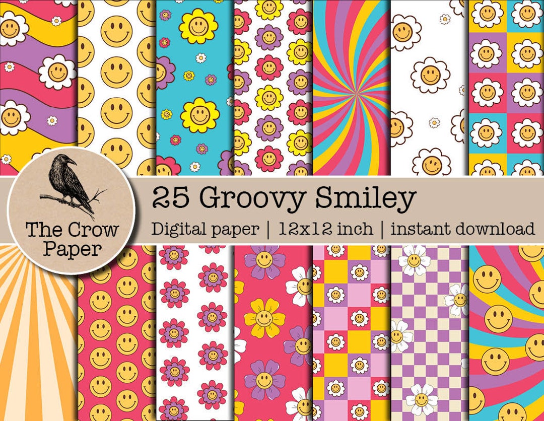 25 Groovy Smiley RETRO Digital Paper No 3 | Scrapbook | Groovy ...