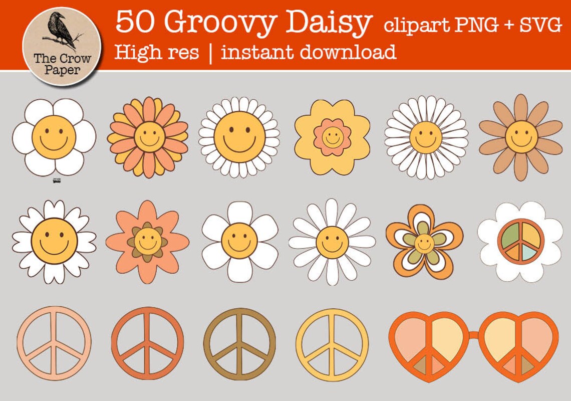50 Groovy Smiley Daisy RETRO Clipart Png Svg | Groovy Clipart | Boho ...