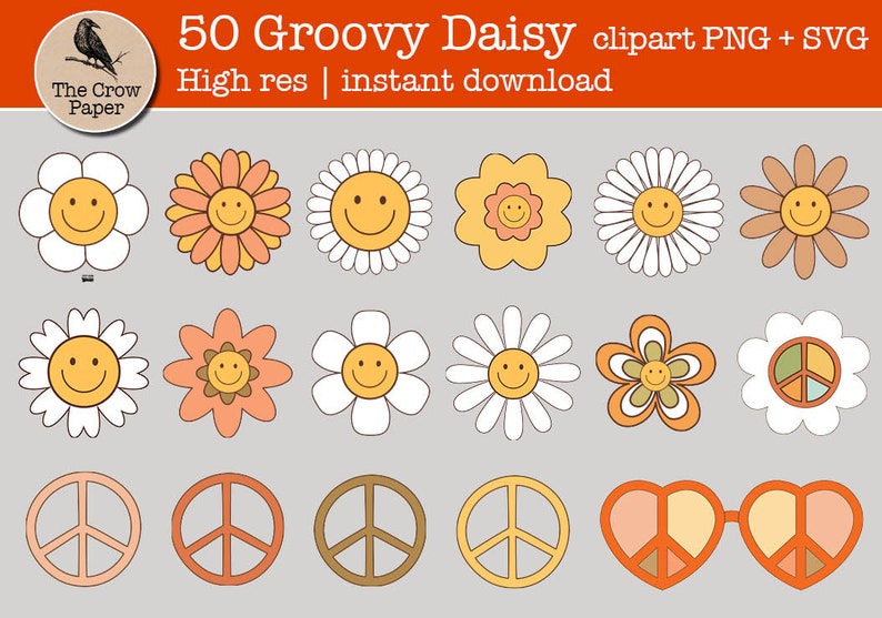 50 Groovy Smiley Daisy RETRO Clipart Png Svg | Groovy Clipart | Boho ...