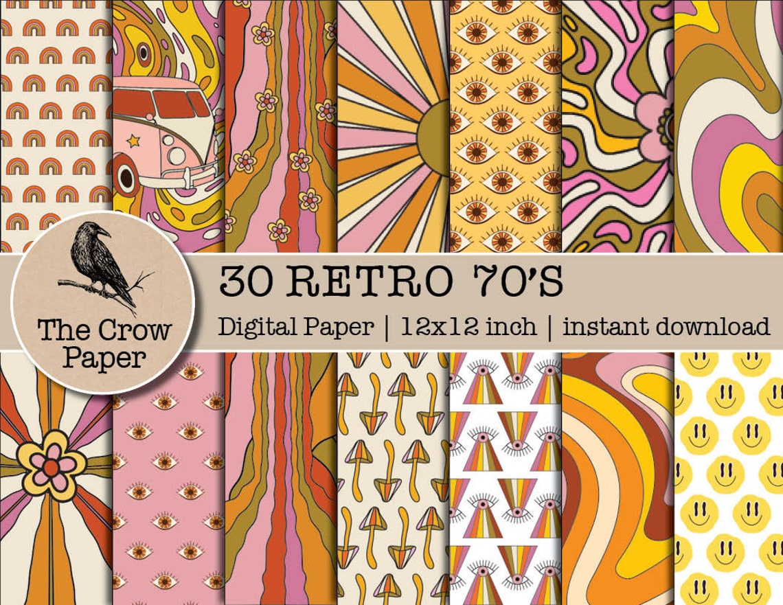 30 RETRO 70S Digital Paper | Papers Scrapbook | Groovy Backgrounds ...
