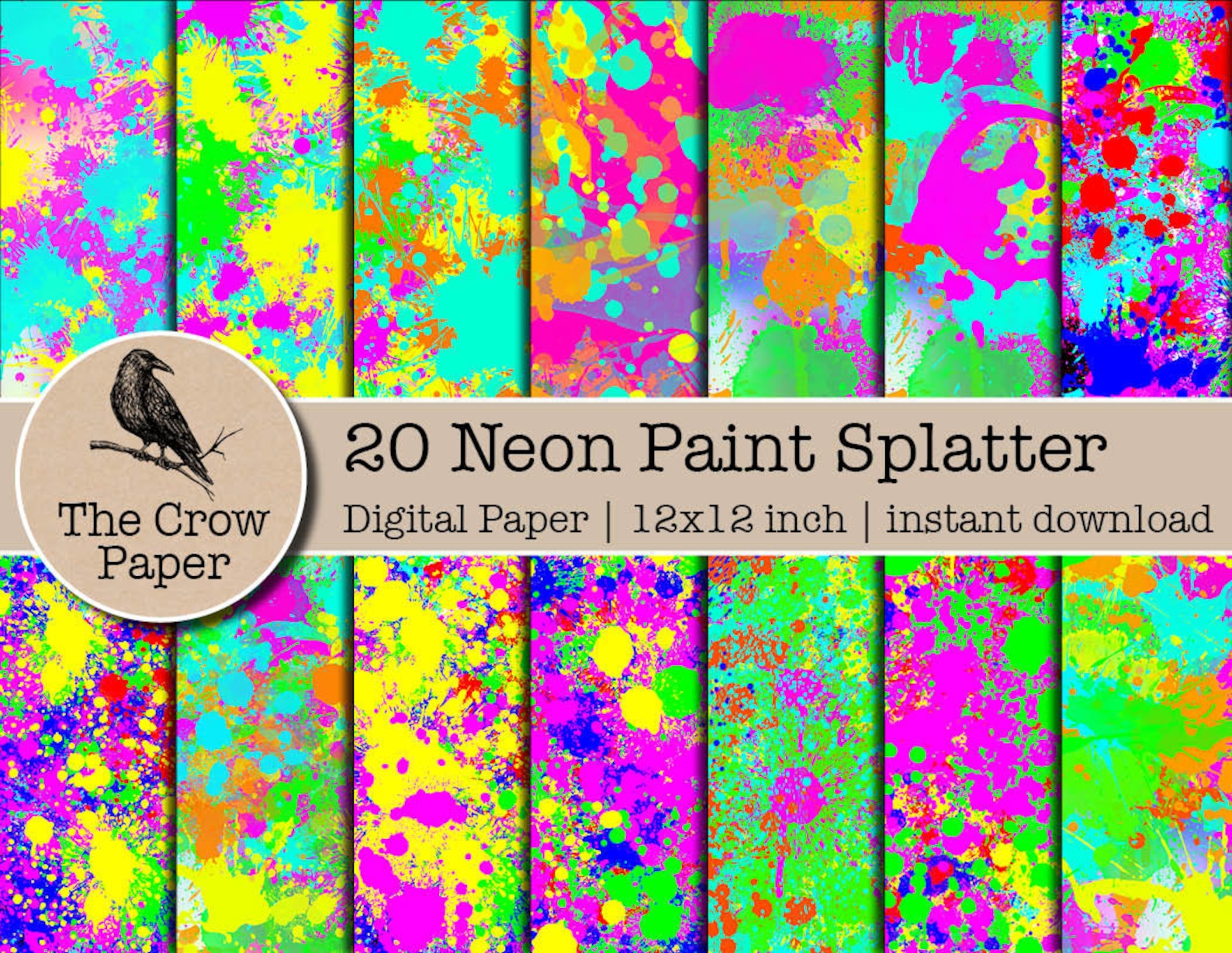 20 Neon Splash Colors Digital Paper Neon Papers Scrapbook Rainbow Paper ...