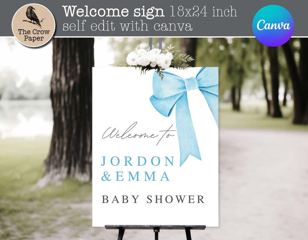 Blue Bow Baby Shower Welcome Sign Poster Editable Canva | Welcome ...