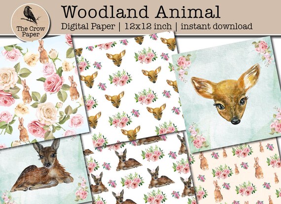 Woodland Animals Digital Paper Vintage Woodland Floral - Etsy