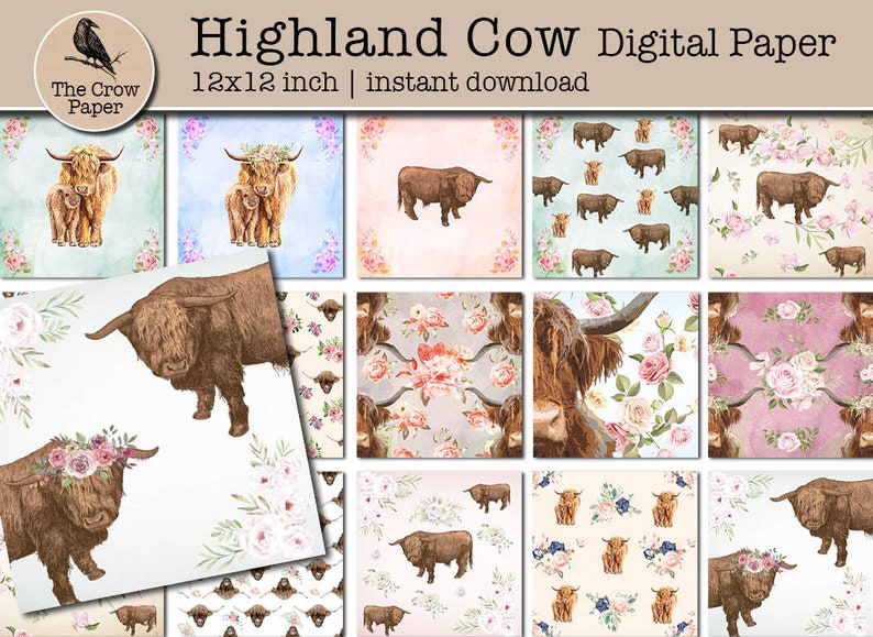 Highland Cow Digital Paper Digital Paper Scottish Highland Cow Floral ...