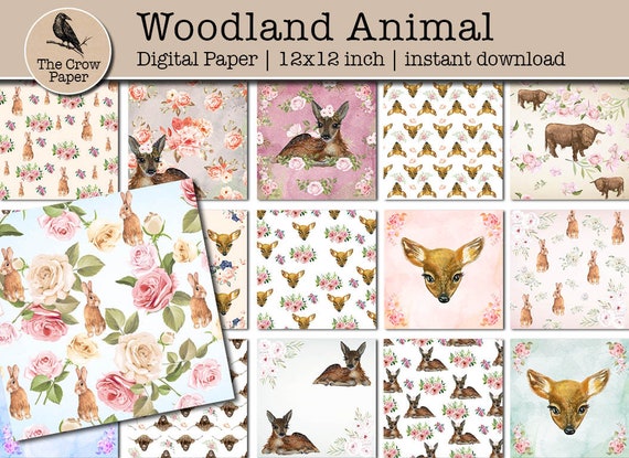 Woodland Animals Digital Paper Vintage Woodland Floral - Etsy