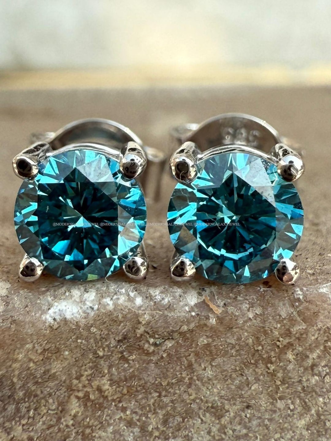 Blue Diamond Stud Earrings, Round Cut Lab Grown Diamond Earrings, Round ...
