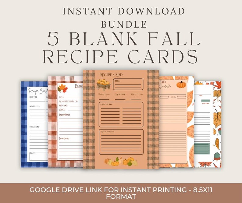 5 Fall Themed Recipe Cards Printable | 8.5x11 PDF Recipe Sheets ...
