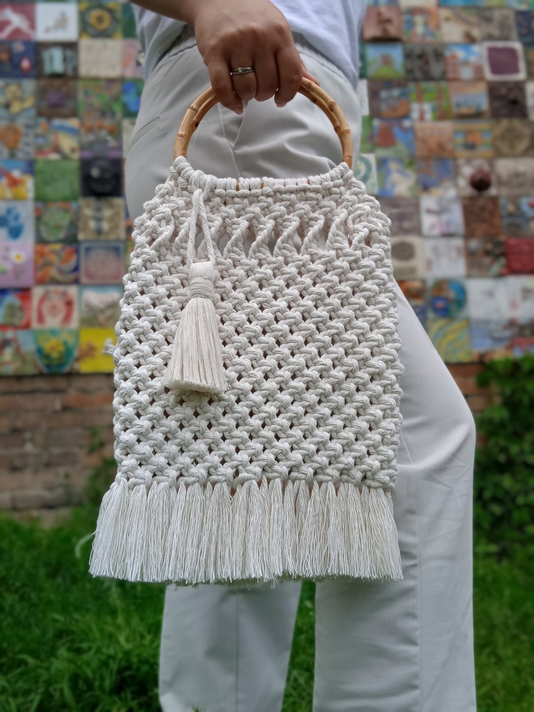 Summer Macrame Bag With Bamboo Handles. Women's Handbag as a Gift. Boho ...