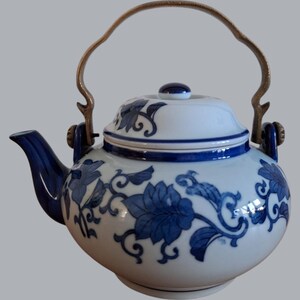 Chinese Tea Pot, With Blue Floral Decoration and Brass Handle. - Etsy