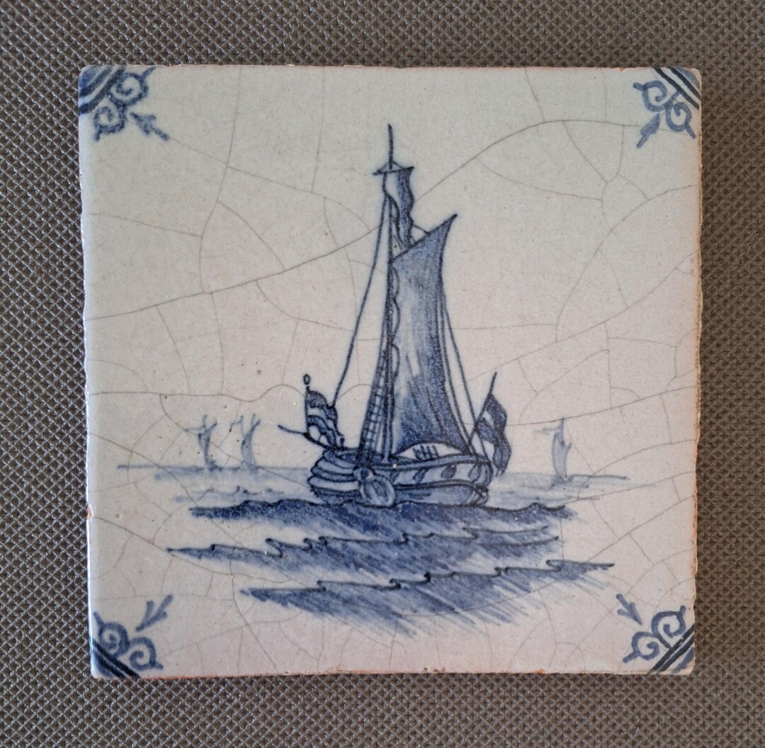 Antique Dutch Delft Tile – 1700s- Hand Painted Blue & White Sailing ...
