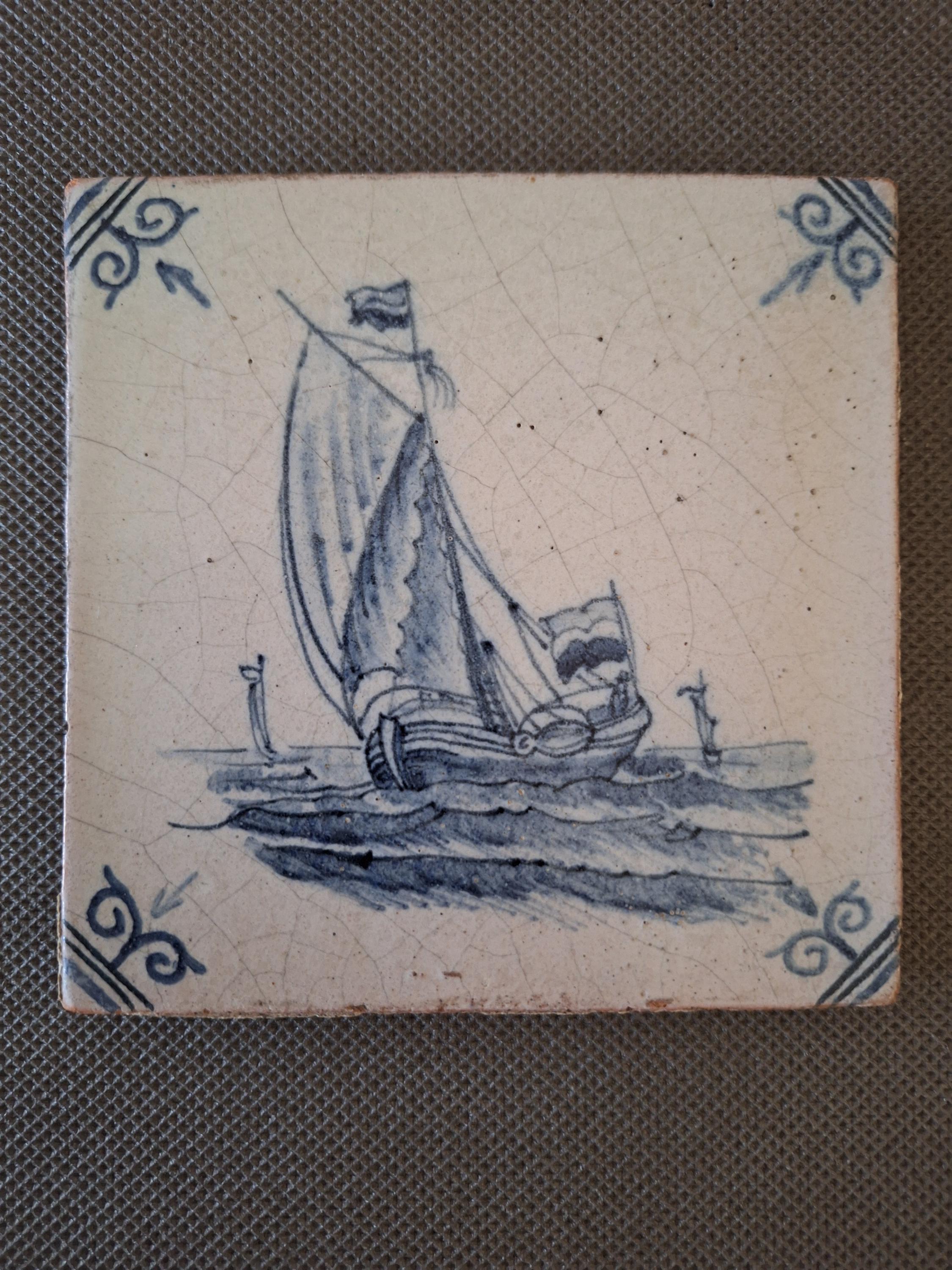 Antique Dutch Delft Tile – 1700s- Hand Painted Blue & White Sailing ...