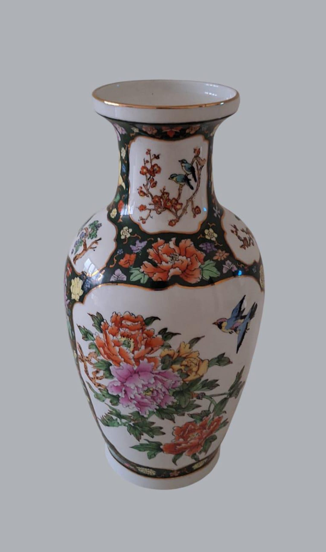 A Vintage Chinese Gold Rimmed Vase, With Flowers and Birds Decoration ...