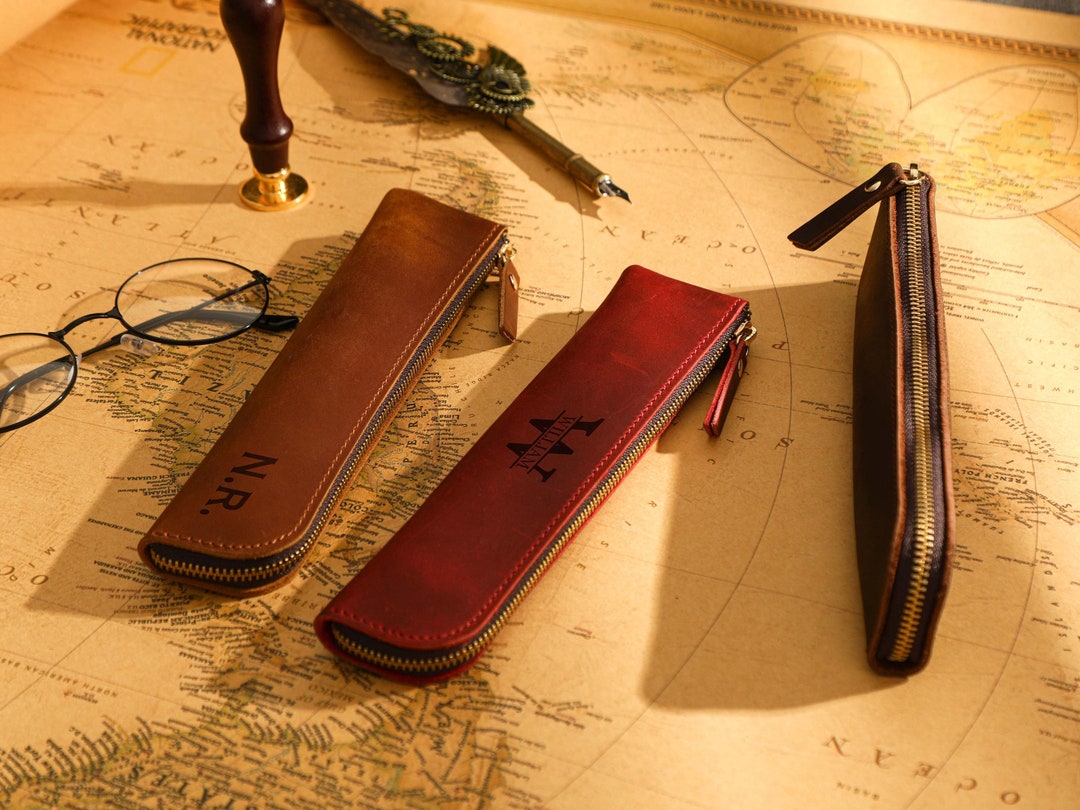 Customized Leather Zipper Pen Case, Personalized Leather Pen Pouch ...