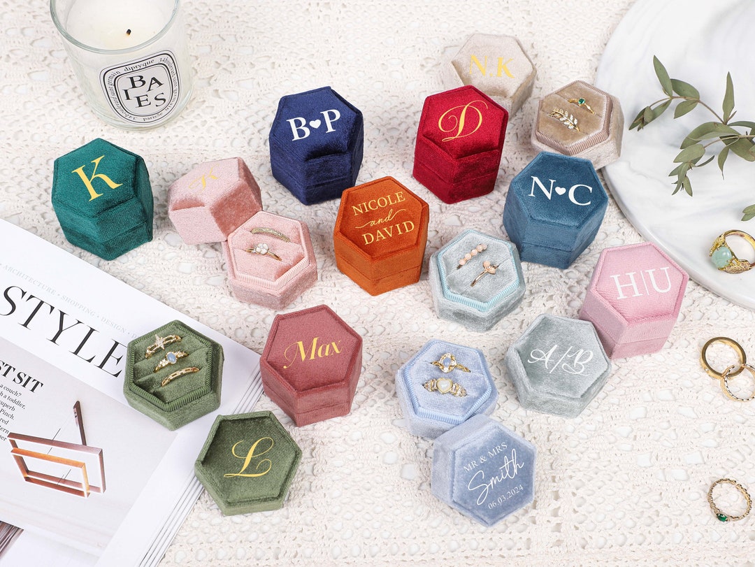 Custom Wedding Ring Box, 12 Colors Personalized Hexagon Velvet Ring Box ...