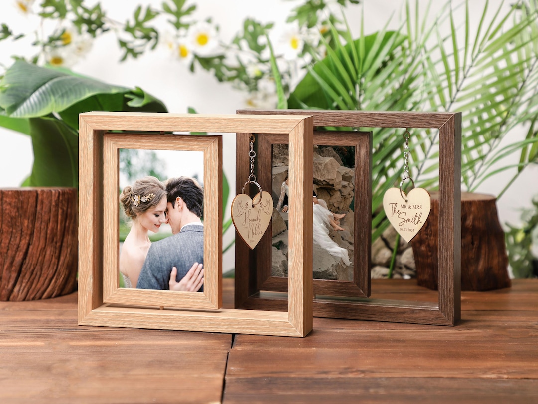 Personalized Photo Frame, Rotating Floating Wooden Double Photo Frame ...