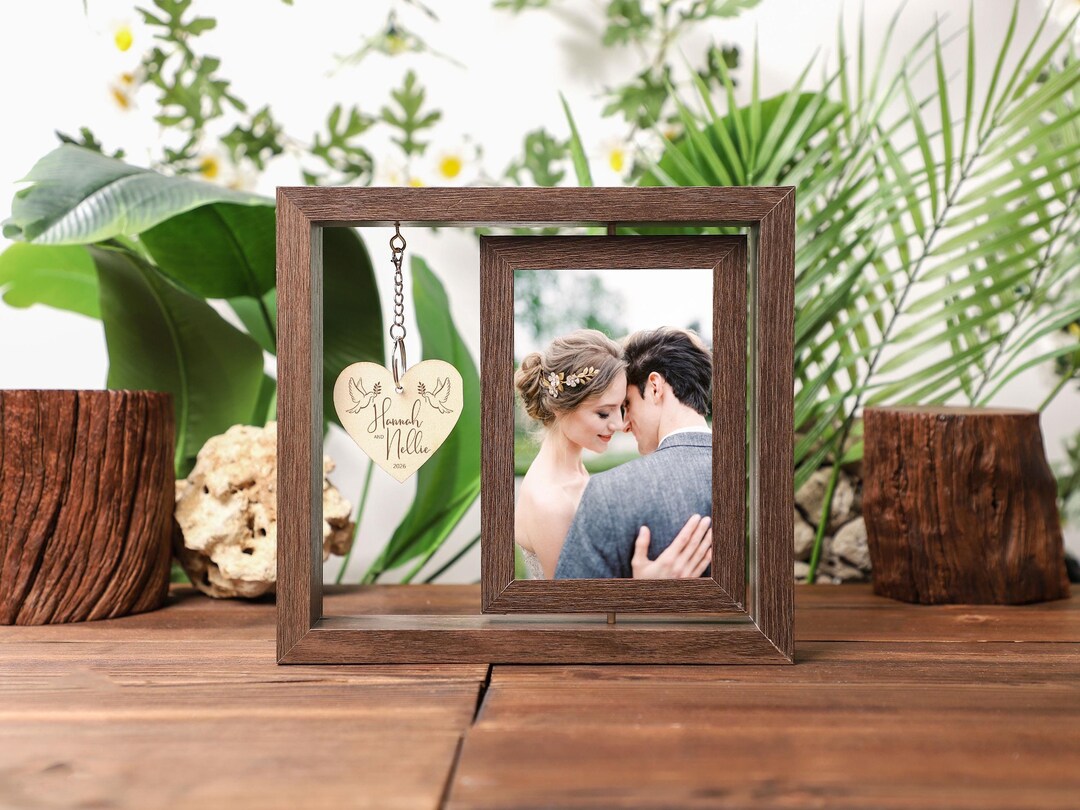 Rotating Floating Wooden Double Photo Frame, Personalized Photo Frame ...