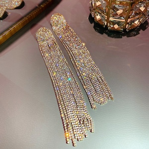 Elegant Rhinestone Long Earrings, Extra Long Tassel Drop Earrings ...